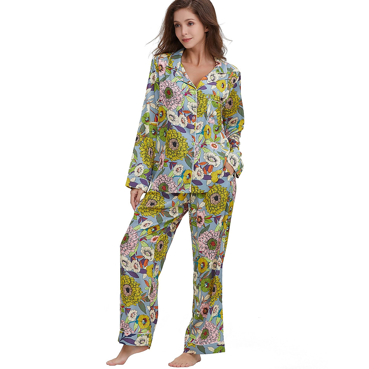 YiNi LuLu Womens Silk Satin Pajamas Set Button Down 2 Piece Pjs Set For Women Long Sleeve Oversized Sleepwear with Pockets