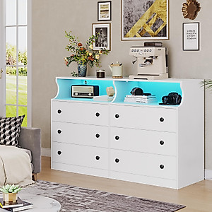 Hasuit 6 Drawer Dresser with LED Lights and Charging Station, Wide Chest of 6 Drawers with Open Space, Modern Large Capacity Storage Cabinet, White Dresser for Bedroom, Living Room, Hallway