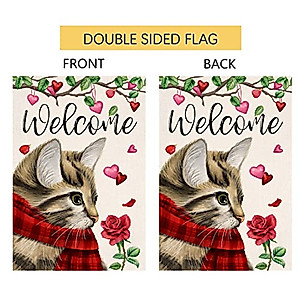 Valentines Cat Garden Flag 12x18 Vertical Double Sided Welcome Red Pink Love Heart Floral Farmhouse Spring Holiday Outside Decorations Burlap Yard Flag BW238