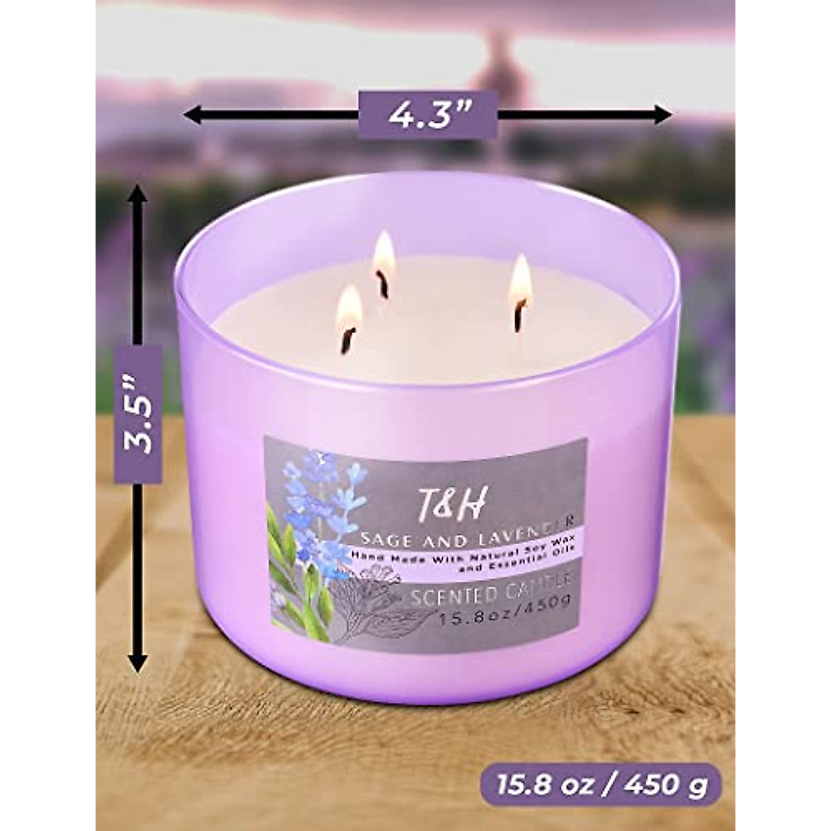 Sage Lavender Scented Candle 3 Wick | Aromatherapy Relaxing & Energy Cleansing Candle with Cedarwood, Clove & Eucalyptus 15.8 oz | Sage Candles for Cleansing House | Large Natural Soy Candles for Home