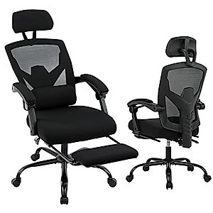Ergonomic Office Chair, Reclining High Back Mesh Chair, Computer Desk Chair, Swivel Rolling Home Task Chair with Lumbar Support Pillow, Adjustable Headrest, Retractable Footrest and Padded Armrests