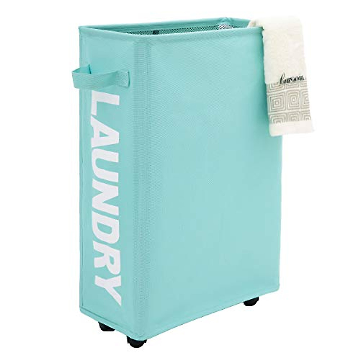 Caroeas 22" Rolling Slim Laundry Basket with Stand Foldable Waterproof Hamper and Organizer on Wheels Tall Thin Dirty Laundry Hamper Baskets Home Corner Bag Light Blue