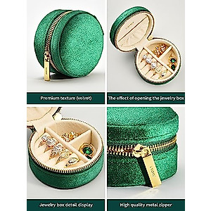 TAIMY Velvet Travel Jewelry Box, Round Small Travel Jewelry Case for Women Girls, Portable Mini Jewelry Travel Organizer Boxes for Rings Earrings Necklaces Bracelets(Dark Emerald)