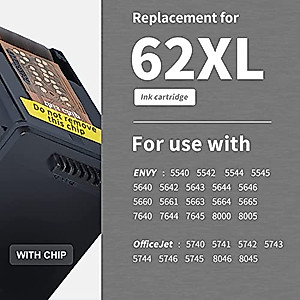 LEMERO 62XL Remanufactured Ink Cartridges Replacement for HP 62 XL 62XL Black and Color for Envy 5660 7645 7640 5642 5643 5640 OfficeJet 250 5740 200 5746 5745 (Black, Tri-Color, 2-Pack)
