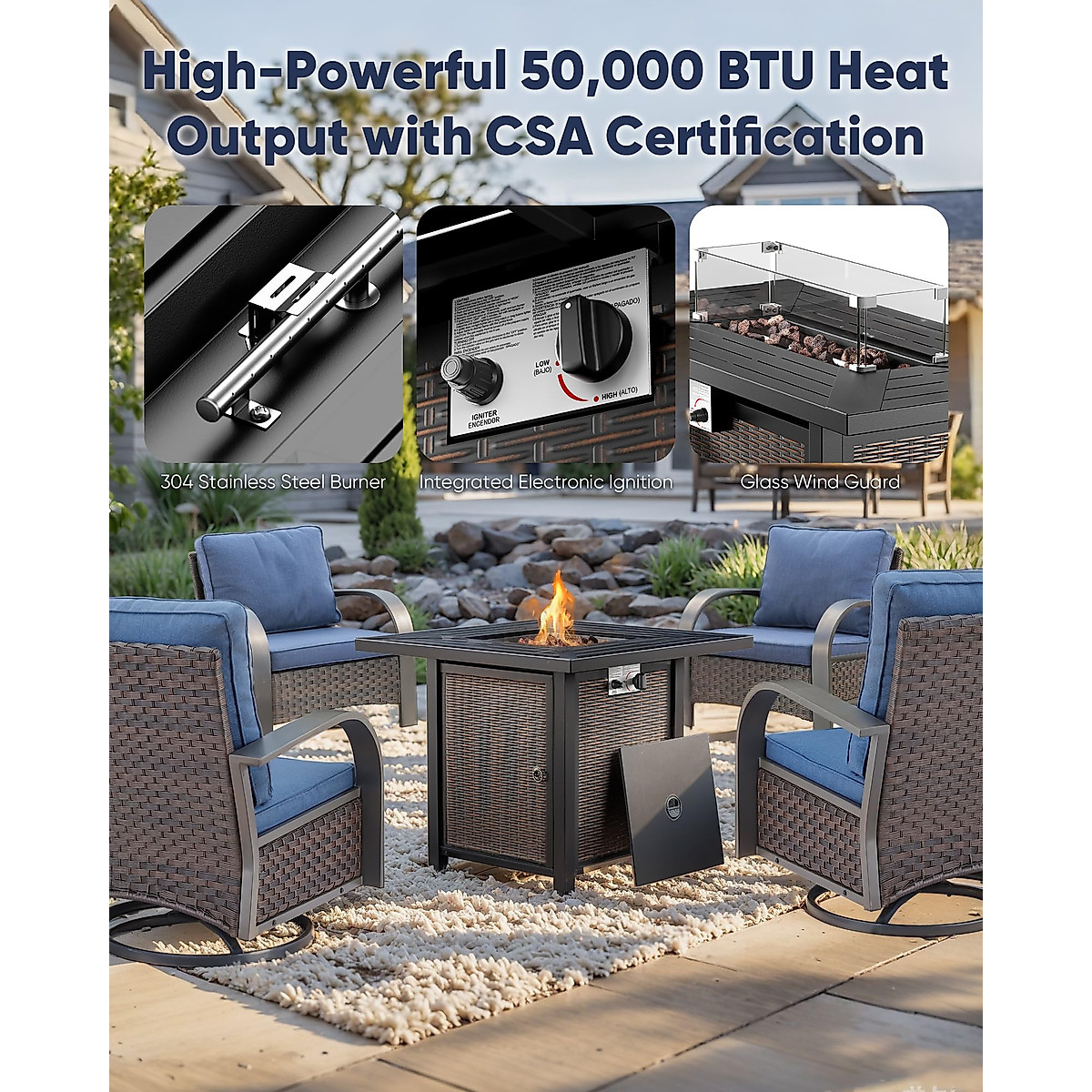 HUMMUH Outdoor Furniture with Fire Pit -Patio Table and Chairs Set of 4 Swivel Patio Chairs for Deck Porch Garden Poolside Backyard-Brown/Blue