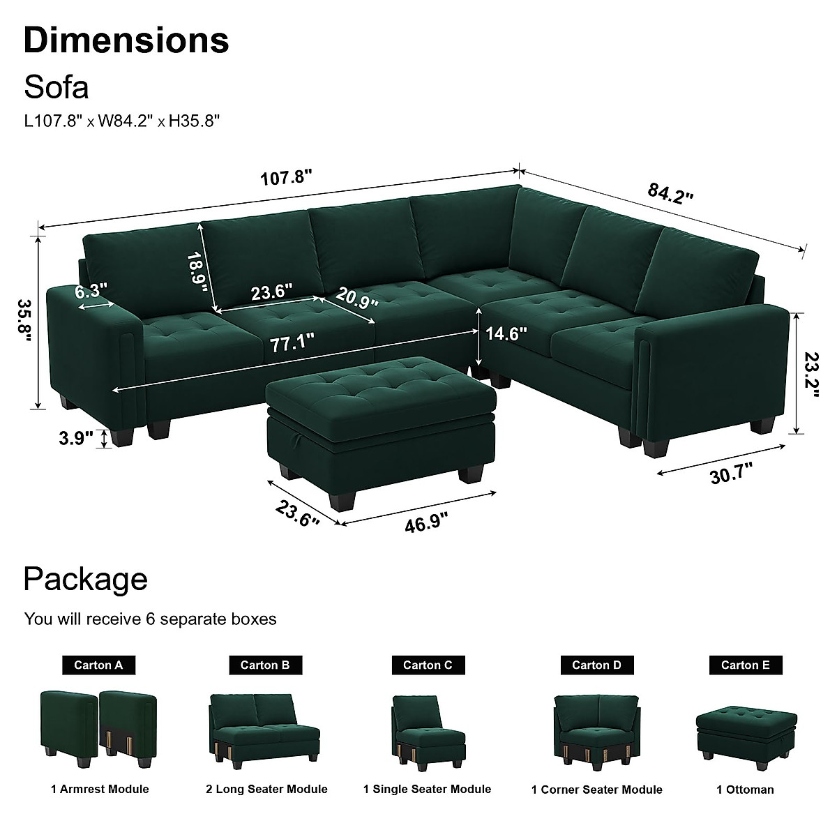 Belffin Velvet L Shaped Sofa Couch with Reversible Chaise Convertible Modular Sectional Sofa Set with Storage Ottoman Corner Sofa Set for Living Room Green