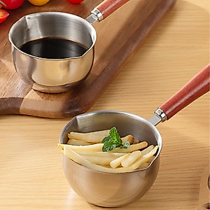 Butter Coffee Milk Warmer with Wooden Handle and Dual Pour Spout Mini Melting Pot Stainless Steel Small Sauce Pan 10oz/300ml Silver