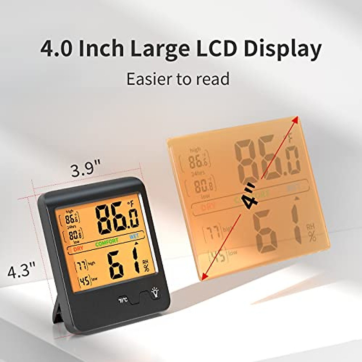 4" Digital Hygrometer Indoor Thermometer Temperature and Humidity Gauge Monitor Indicator Room Thermometer with Backlight LCD Display Humidity Meter