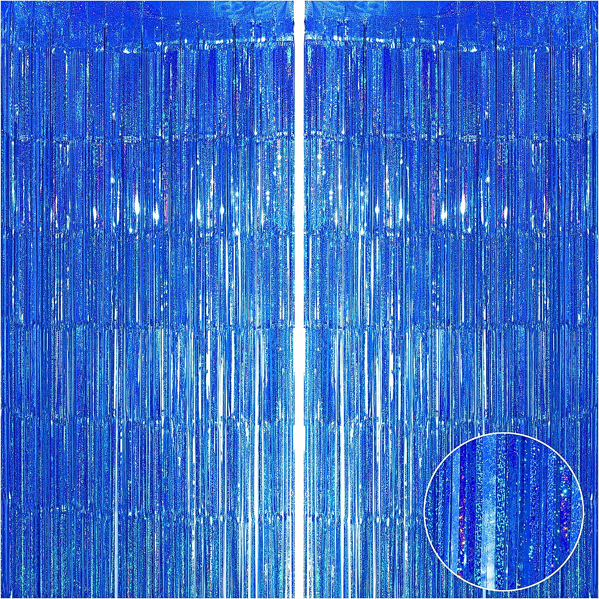 Blue Metallic Foil Fringe Curtains - Wedding Anniversary Birthday Graduation Bachelorette Retirement Christmas New Years Party Celebration Photo Booth Backdrop Decoration, 3.2 ft x 9.8 ft, 2pc