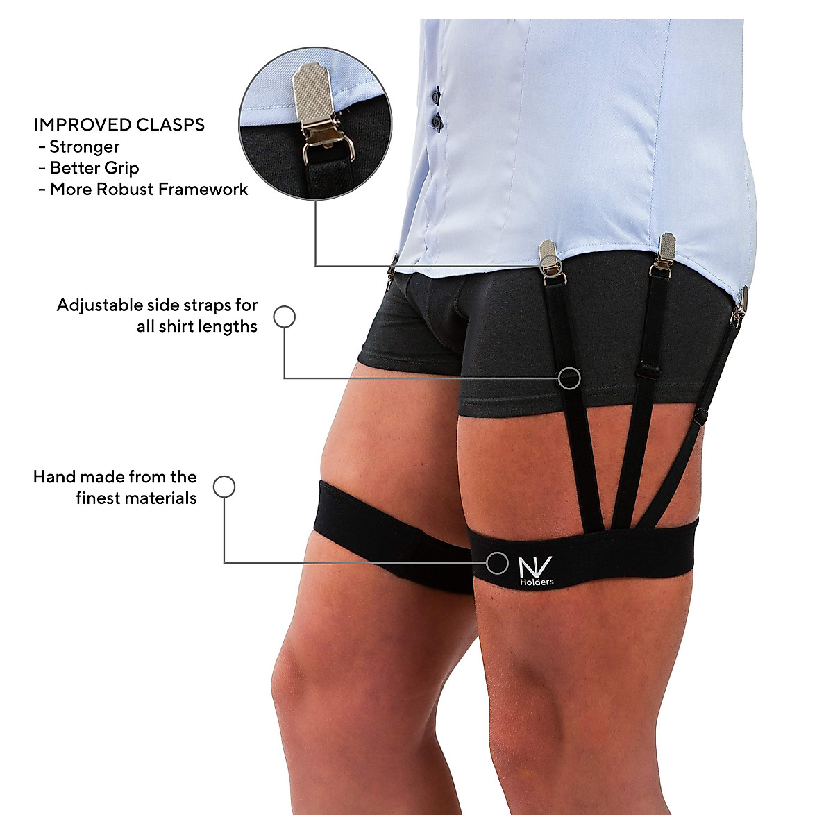 NV Holders Improved 2.0, with improved clasps; premium shirt stays, shirt holders, shirt garters, shirt tuckers for men (Black, Medium (21.5-23.5 inches on thigh's thickest part))