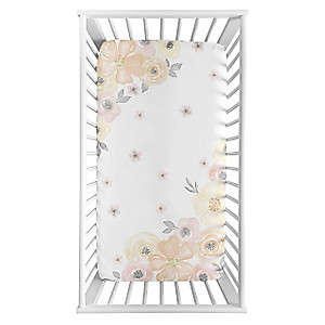 Sweet Jojo Designs Yellow and Pink Watercolor Floral Girl Fitted Crib Sheet Baby or Toddler Bed Nursery Photo Op - Blush Peach Orange Cream Grey and White Shabby Chic Rose Flower Farmhouse