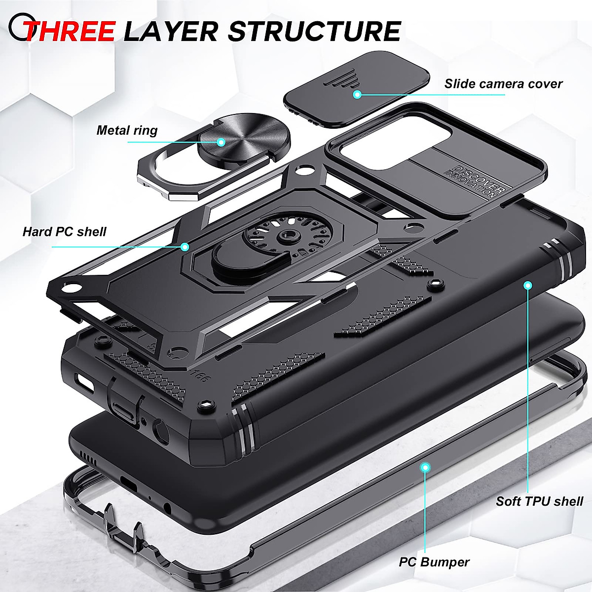 LeYi Compatible for Samsung Galaxy A03s Phone Case: Galaxy AO3s Phone Case with Slide Camera Cover + [2 Packs] Screen Protector, 360 Full Body Military-Grade Phone Case with Kickstand for A03s, Black