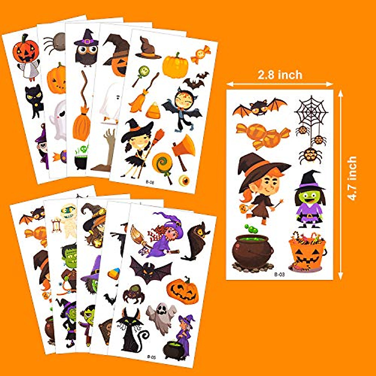 Halloween Temporary Tattoos for Kids, 100 Assorted Waterproof Cute Pumpkin Tattoos Stickers for Kids and Children Party Favors
