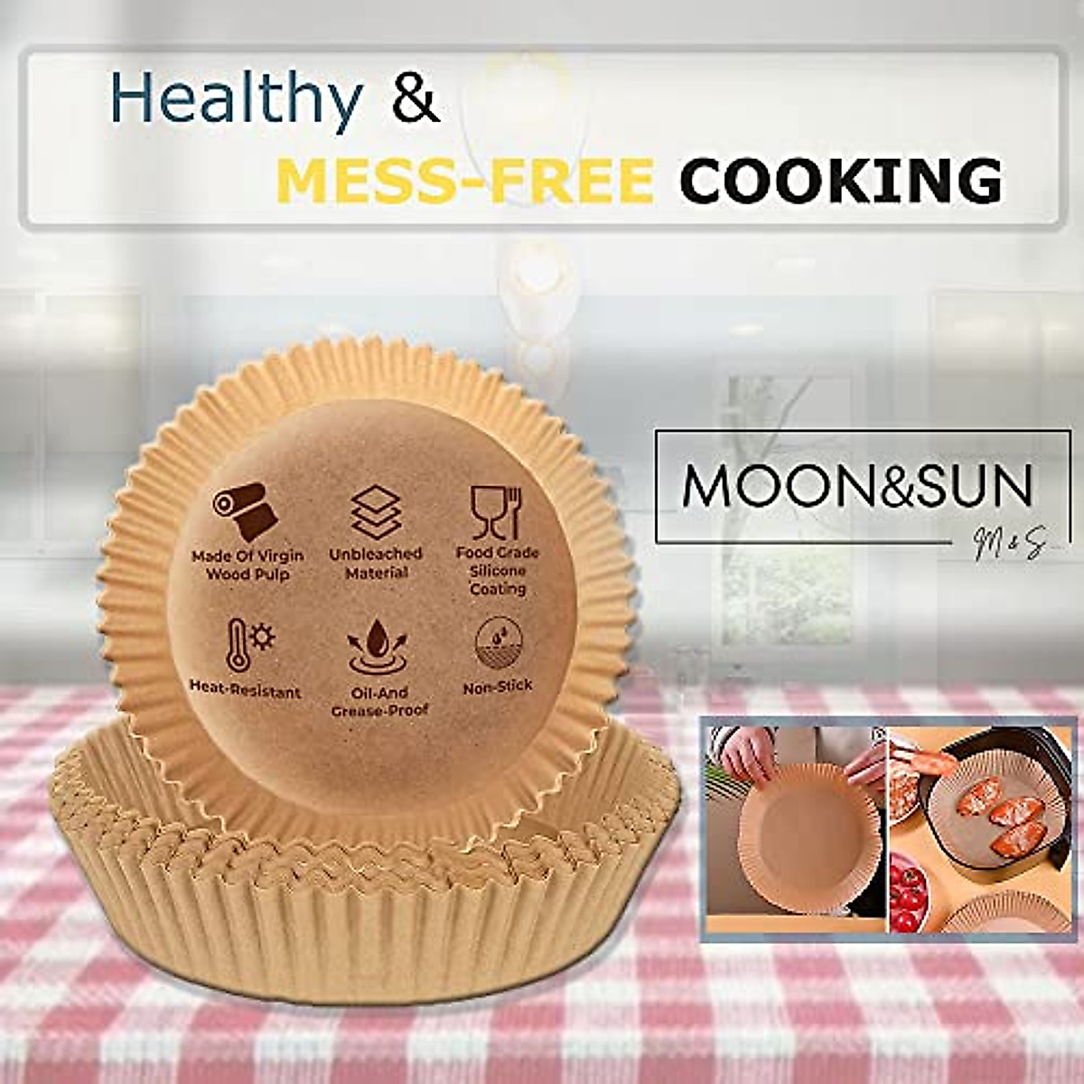 MOON&SUN Air Fryer Disposable Paper Liner | Air Fryer Paper Liners for 3-5QT Air Fryer | Nonstick Parchment Paper Liners | Oil-Proof Water Proof Paper Liners for Cooking, Baking Food (6.3 In, 100-PCS)