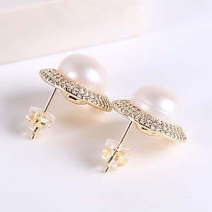Guptue S925 Silver needles Pearl button stud earrings cultured freshwater pearl Cubic zirconia stud Earrings Birthday Gifts Women's Stud Earrings,Round 10-11mm pearl earrings (White)