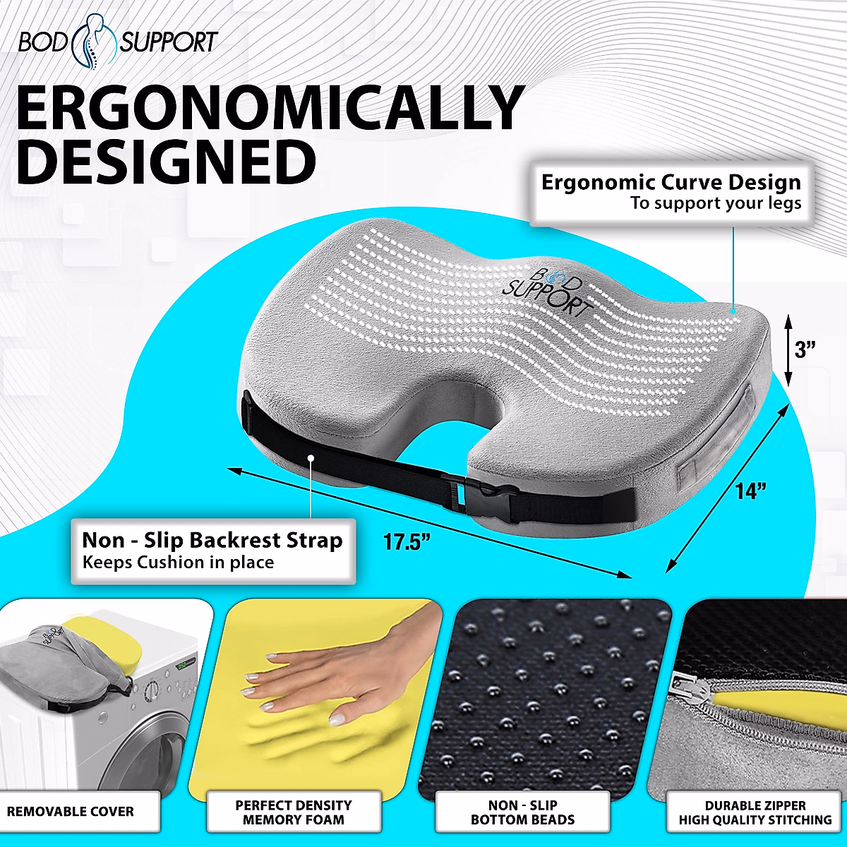 BOD SUPPORT Seat Cushion with Straps - Seat Cushions for Office Chairs, Car Seat Cushion for Tailbone Pain Relief Cushion Design to Relieve Sciatica Coccyx Design from Prolonged Sitting (Grey)