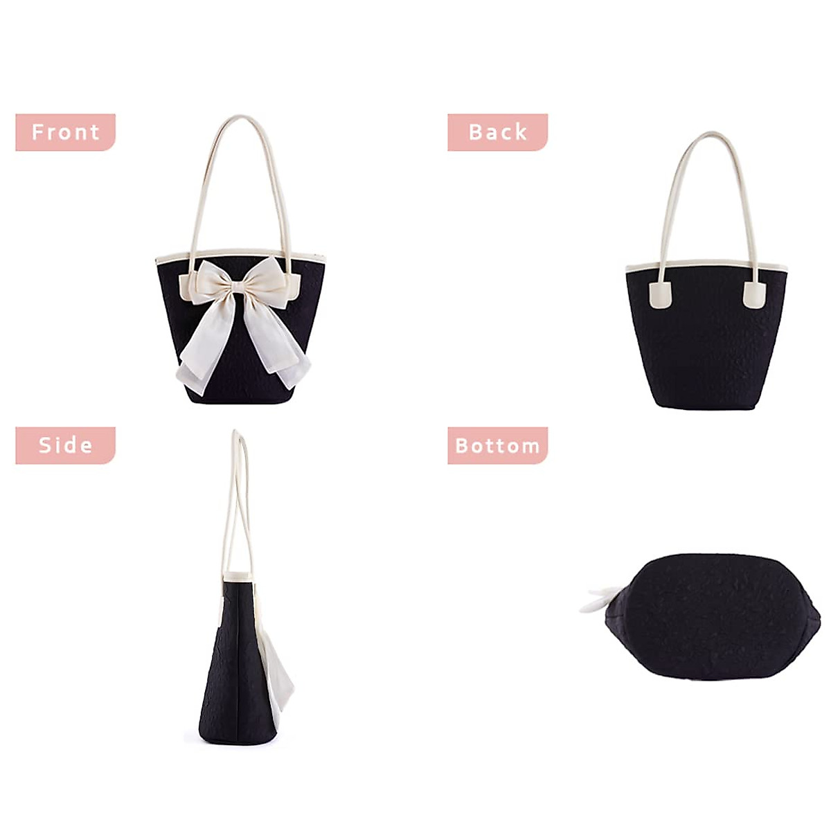 XMLIZHIGU PU Leather Purse for Womens Handbag Top Handle Shoulder Bag Tote Bucket Bag Bow Bag Black HDJ02