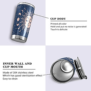 Yasala Tumbler Boho Moon Sun Star Blue Insulated Coffee Cup Beverage Container Travel Mug with Straw and Lid Double Wall Stainless Steel 20oz BPA-Free for Sport, Back to School