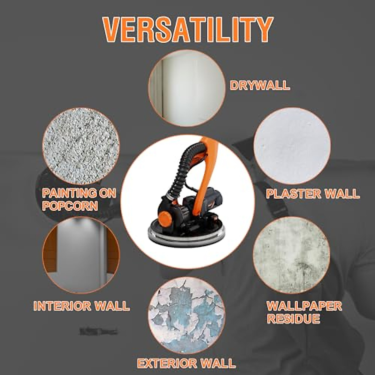 MAXXT Drywall Sander Electric Foldable Wall Sander REAL self-priming system LED light telescopic handle variable speed 6.5A motor six 9-inch sanding discs dust bag