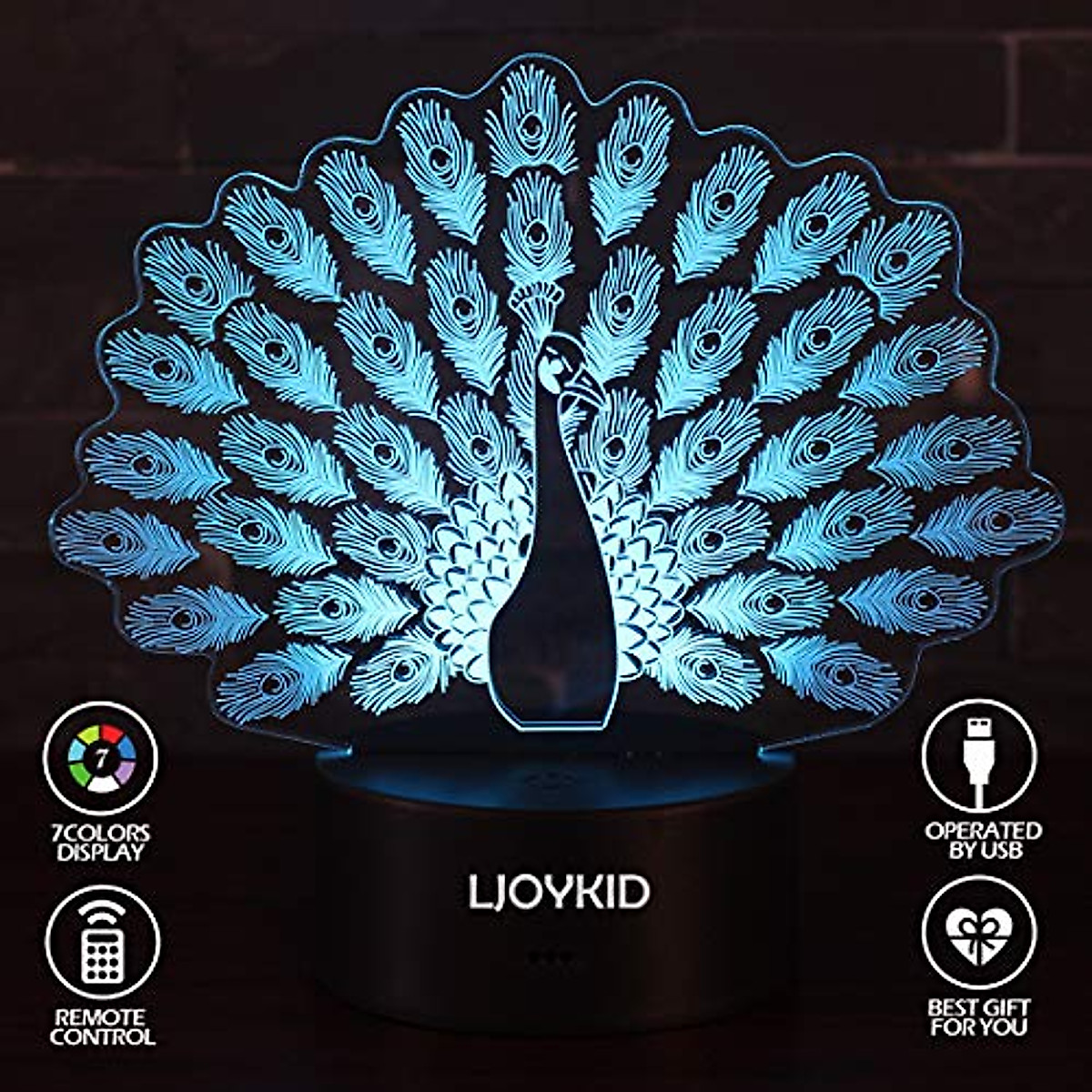 LJOYKID 3D Led Night Light Lamps - Optical Illusion 7 Colors Touch Table Desk Visual Lamp with Remote Control for Gifts for Children Kids (Peacock)