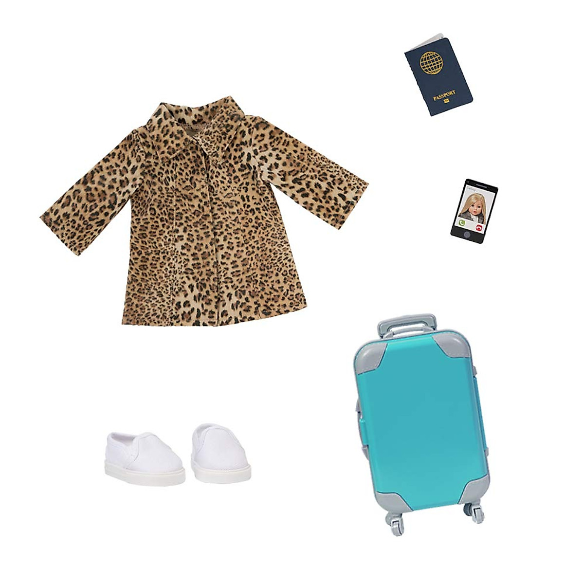 Adora Amazon Exclusive - 18” Girl Doll Clothes and Accessories Set Includes Jet-Set Luggage, White Shirts, Passport & Cellphone, Stylish Outfit and White Slip on Sneakers
