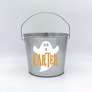 Personalized Halloween Ghost Name Pail - Choose The Color - Metal Pail Bucket Basket Bag for Girls and Boys