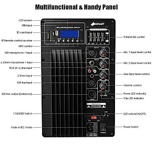 Sonart 15" 1500W Powered Speakers, 2-Way Full Range Portable PA Speaker System Combo Set With Stands/Illuminating Light/Microphone/EQ/USB/Bluetooth