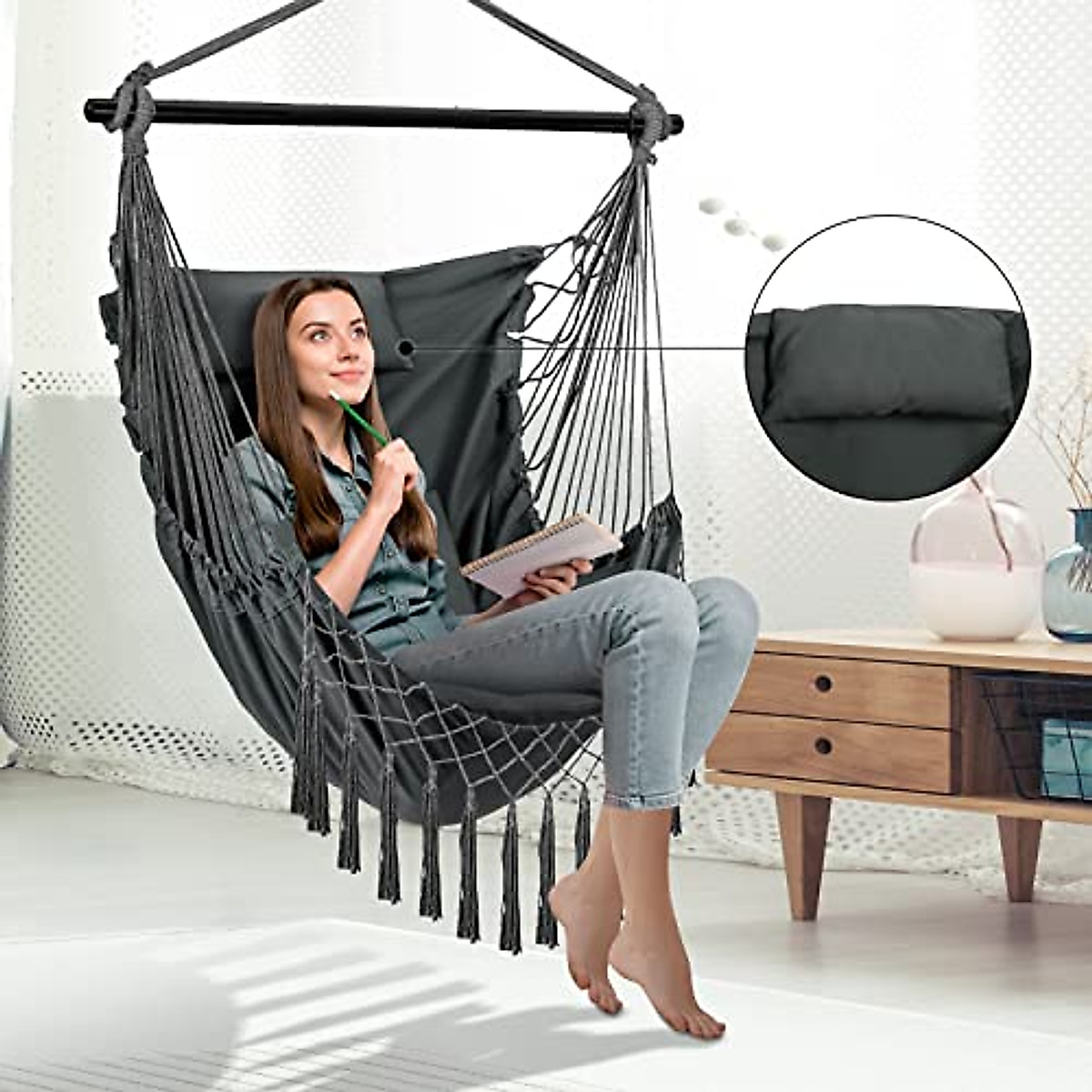 Hammock Chair Swing, Hanging Rope Swing with 3 Cushions Pillow and Side Pocket, Max 400 lbs, Large Macrame Hanging Chair for Indoor, Outdoor, Bedroom,Garden, Patio, Porch, Yard