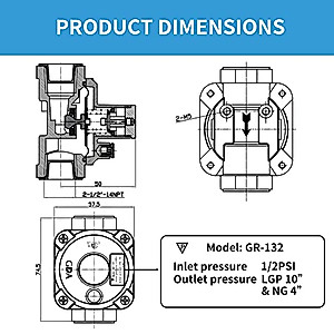 Weceleh 1/2" Natural/Propane Gas Pressure Regulator with 2 Brass Pipe Fittings (1/2" x 1/4"), 13/16" In and Out Opening, 1/2 PSI (Inlet pressure), LPG 10" NG 4" (Outlet pressure)