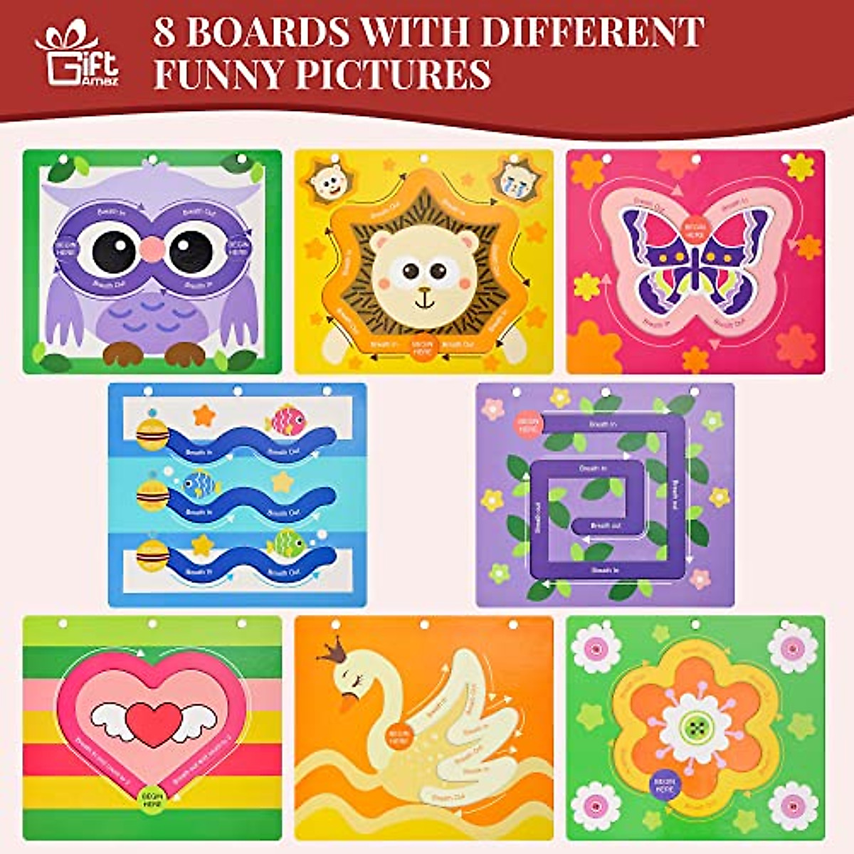 GiftAmaz Mindful Maze Boards, Calming Toys for Kids, Finger Path Breathing Boards, Calming Corner Items Kids Social Emotional Learning, Mindfulness Sensory Cardboard Toys Box for Kid 3 4 5 6 Year