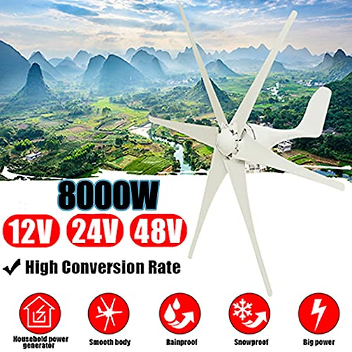 QAZNHODDS 8000W Wind Turbine Generator kit, with 6 Blade 2.5m/s Low Wind Speed Starting Wind Turbines for Terrace, Marine, Motorhome, Chalet, Boat,24v