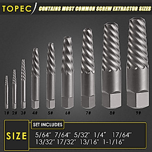 Topec 9 Piece Jumbo Spiral Flute Extractor -Easy Out Bolt Screw Extractor Set Square Shank Reverse Bit Set for Removing Broken Screws, Bolts, and Studs with Reverse Drill Bit Extractor Set