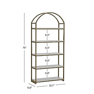 Nathan James Haven Etagere Bookshelf, 5-Shelf Faux Marble Bookcase in White Faux Marble Finish and Gold Metal Frame with Arch Top and Open Shelves, White/Gold