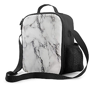 MSGUIDE Simple White Marble Stone Men & Women Insulated Lunch Bag,Reusable Tote Lunch Box with Water Bottle Holder and Adjustable Shoulder Strap for School Office Picnic
