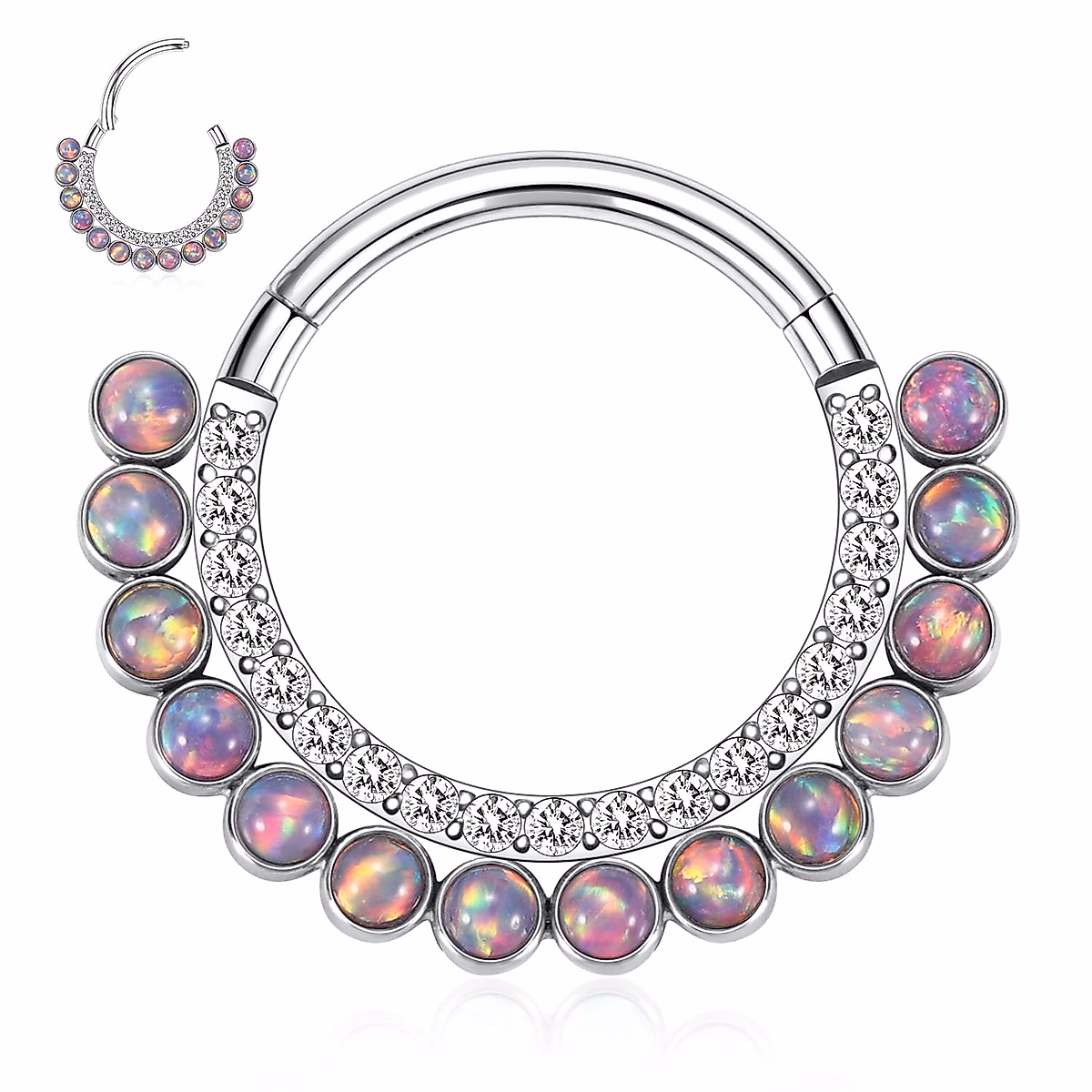 Septum Jewelry 16G Daith Earrings Surgical Steel Purple Opal Septum Rings Silver Nose Ring Hoop Opal Septum Clicker Ring Daith Piercing Jewelry Rook Helix Tragus Conch Cartilage Hoop Earrings 10mm