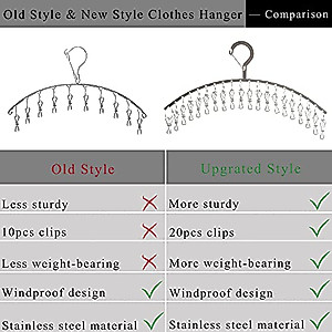 JDGOOMA 2 Pack Stainless Steel Laundry Drying Rack Windproof Clothes Hangers with 20 Clips for Drying Socks,Towels,Diapers,Bras,Baby Clothes,Underwear,Scarfs,Hats,Gloves - Upgraded Type