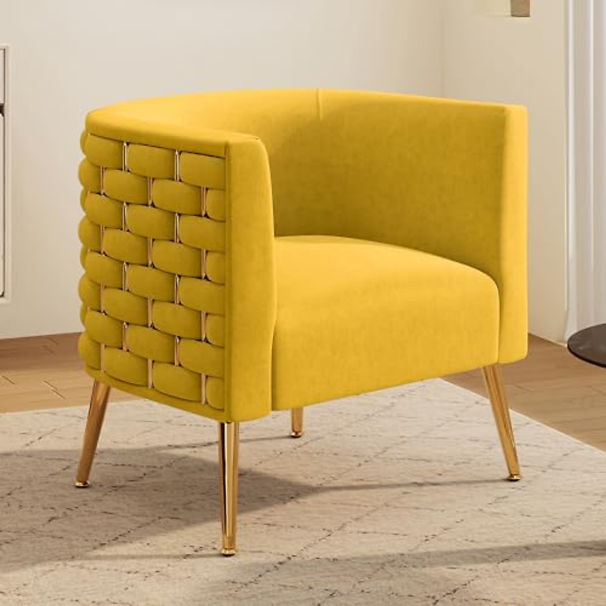 Dewhut Modern Velvet Barrel Accent Chair, Comfy Wide Handmade Woven Bucket Arm Chair, Fluffy Tufted Upholstered Single Sofa Chair for Living Room, Bedroom, Office, Waiting Room(Yellow)