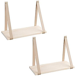 YOYAI Leather Strap Wood Floating Wall Shelf Wooden Shleves Wall Organizer Wall Mount Shelf Home Decor Kitchen Living Room Bedroom（Beige Set of 2）
