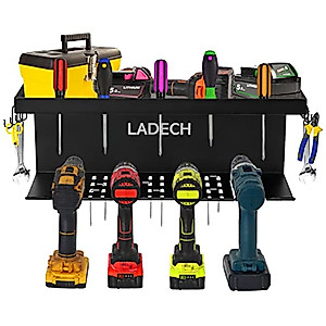 LADECH Cordless Drill Tool Organizer - Drill holder storage wall mount shelf rack and charging station to optimize garage organization and power tool storage (Drill holder & Shelf)