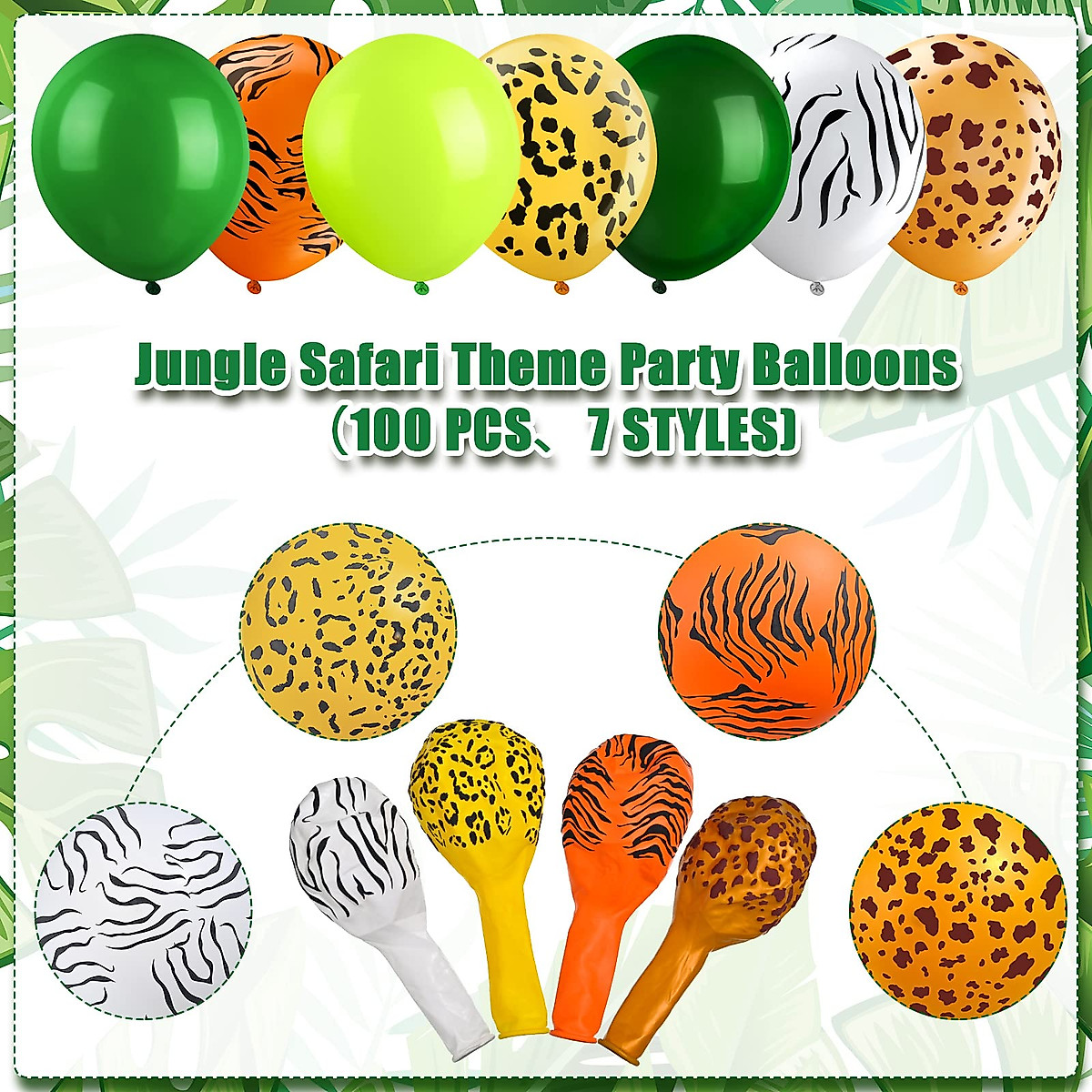 100 Pcs Jungle Balloons Party Decorations 12 Inch Safari Animal Print Latex Balloons Jungle Party Balloons Leopard Tiger Printed Green Balloons for Birthday Party Wild First Baby Shower Supplies