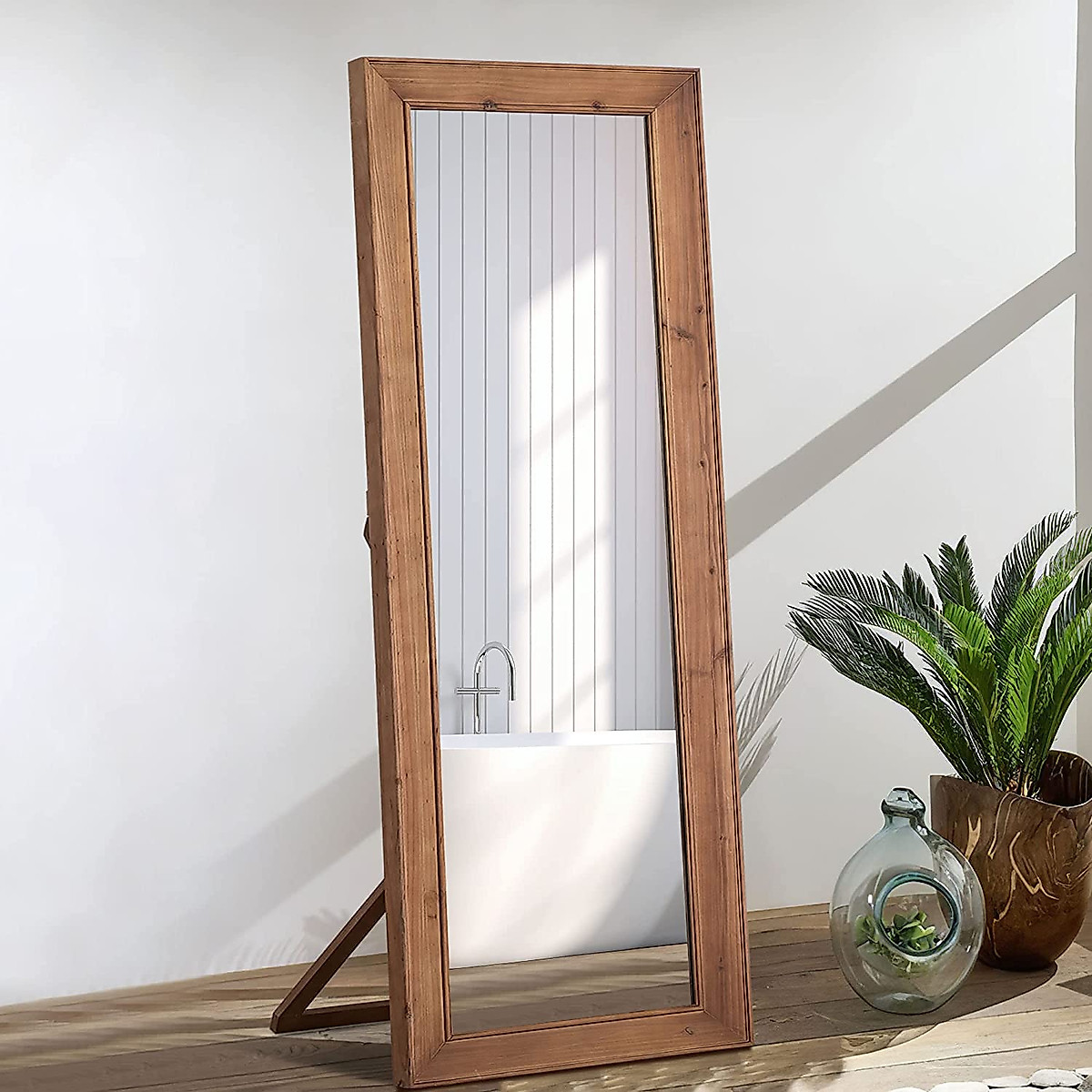 NeuType Full Length Mirror 65"x22" Floor Mirror with Standing Holder Solid Wood Frame Large Wall Mounted Mirror Hanging or Leaning Against Wall for Bedroom, Natural
