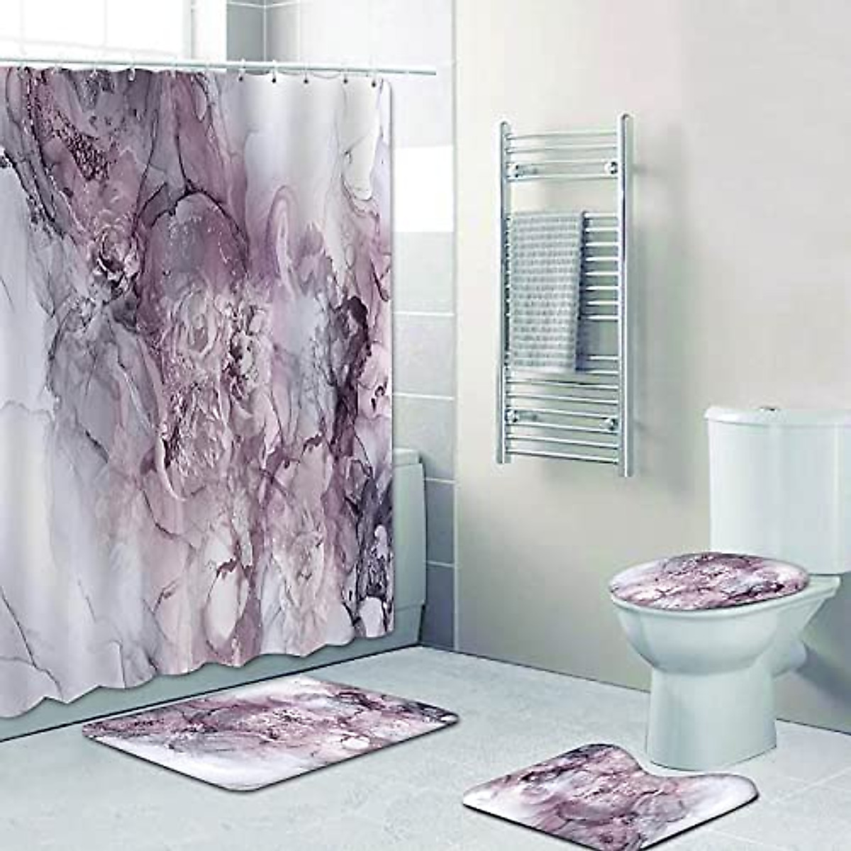 4pcs Marble Shower Curtain Bathroom Set, Abstract Marble Pattern Bathtub Accessory Kit with Bath Rugs Non-Slip Mat Toilet Seat Cover, Luxury Complete Wet Room Decor (Purple)