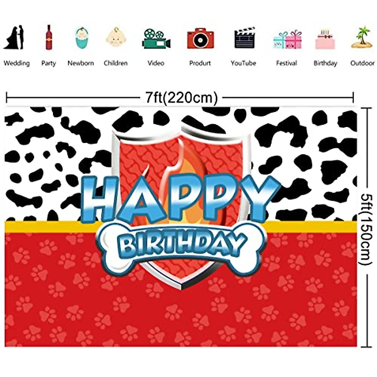 7x5ft Red Dog Paw Happy Birthday Party Banner Photography Backdrops for Boy Girls Background Photo Booth Props Decorations for Baby Show