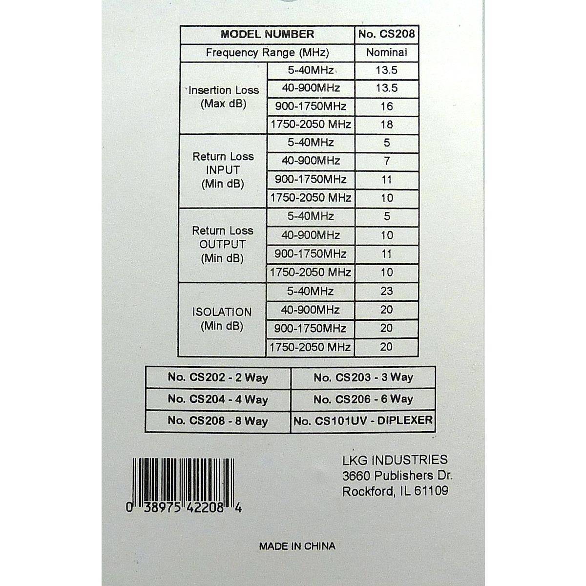 Philmore 2GHZ High "Q" 8-Way Low Loss Coaxial Satellite TV Signal Splitter With Weather Caps, Commercial Grade; CS208