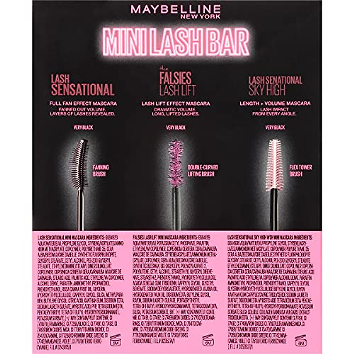 Maybelline The Falsies Holiday Mini Lash Bar Washable Mascara Kit, Eye Makeup, 3 Mini Mascaras, Lash Sensational Mascara, The Falsies Lash Lift Mascara, Sky High Mascara, Very Black, 1 kit