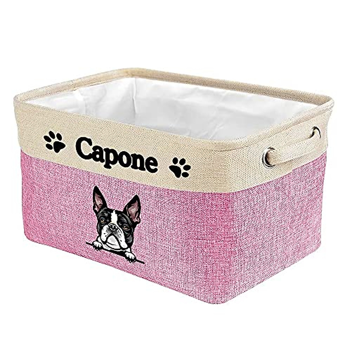 MALIHONG Personalized Foldable Storage Basket with Cute Dog Boston Terrier Collapsible Sturdy Fabric Pet Toys Storage Bin Cube with Handles for Organizing Shelf Home Closet, Pink and White