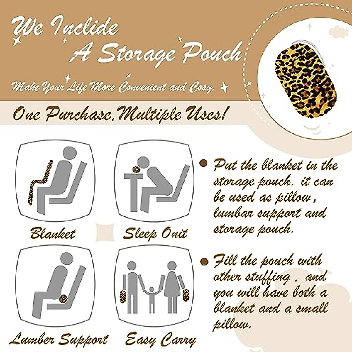 Bnuitland Leopard Print Fleece Flannel Throw (50x40inch) with Storage Pouch, 300 GSM Double Sided Lightweight for Bed Sofa Travel, Super Soft Fuzzy Fluffy Cheetah Print Blanket for Babys and Kids