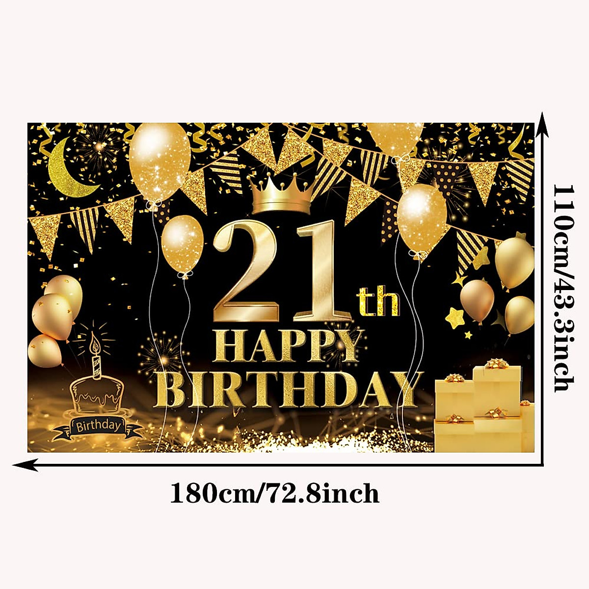 Happy 21th Birthday Backdrop Banner Black Gold 21th Sign Poster 21 Birthday Party Supplies for Anniversary Photo Booth Photography Background Birthday Party Decorations, 72.8 x 43.3 Inch