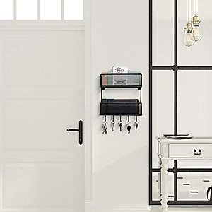 PAG Wall Mount Mail Organizer Double Basket Hanging Letter Sorter with 5 Key Hooks for Entryway/Kitchen/Mudroom/Home/Office, Black