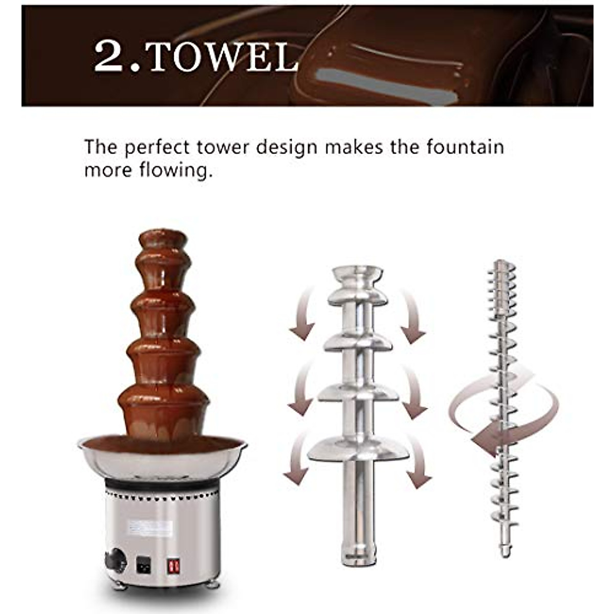NEWTRY 6 Tiers Stainless Steel Chocolate Fondue Fountain Machine 13.23lbs Capacity 86~230℉Adjustable For Home Party Restaurant (110V)